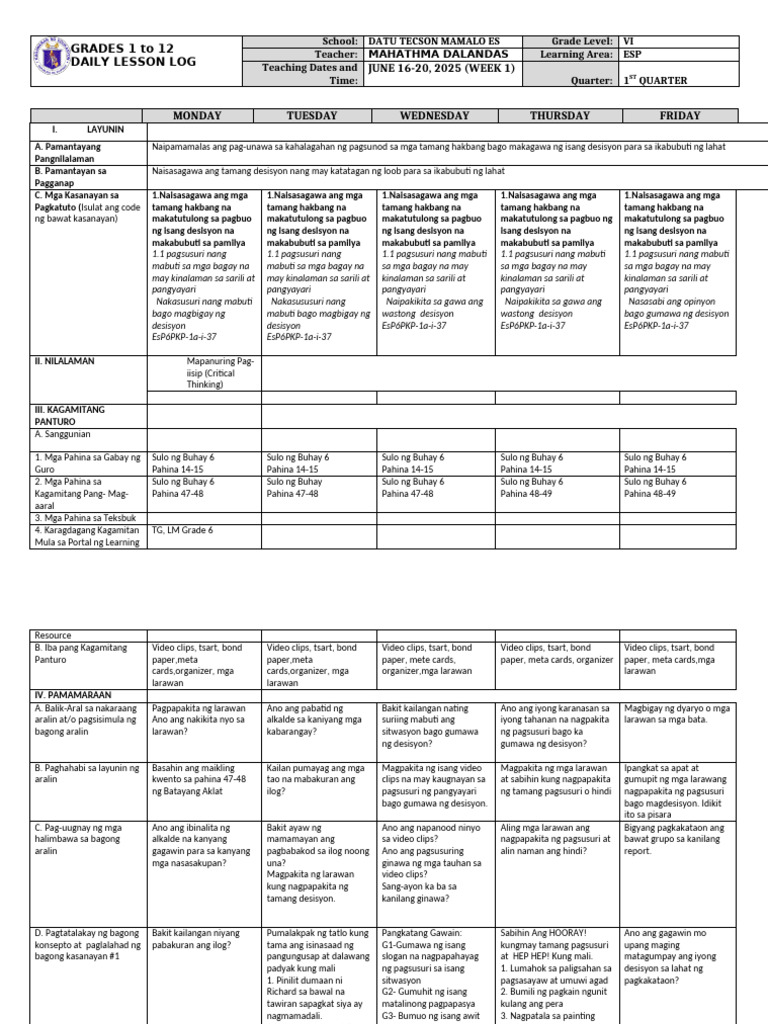 DLL - Esp 6 - Q1 - W1 | PDF
