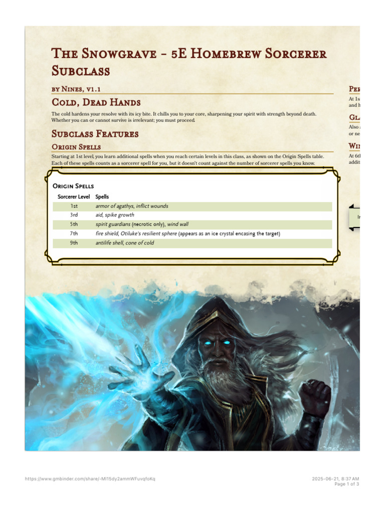 The Snowgrave - 5E Homebrew Sorcerer Subclass - GM Binder | PDF