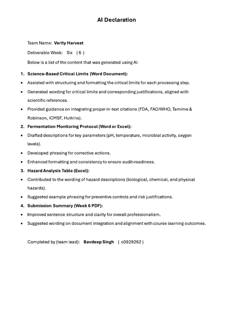 Week - 6, Verity Harvest, AI Declaration | PDF