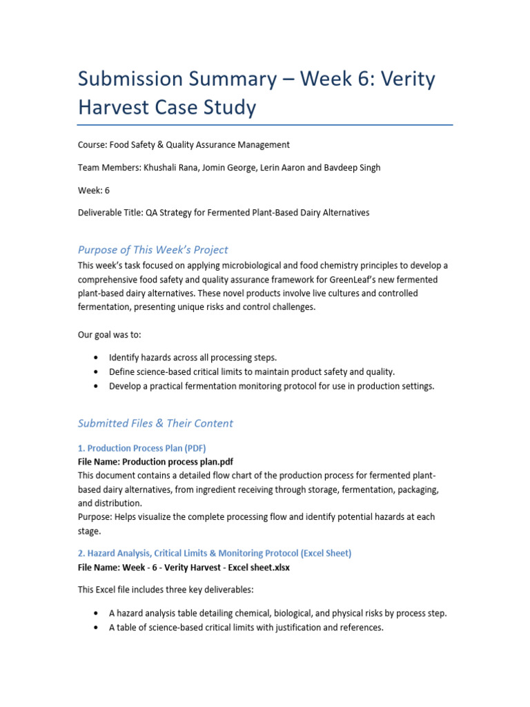Week 6 - Verity Harvest - Deliverables | PDF | Food Safety | Safety