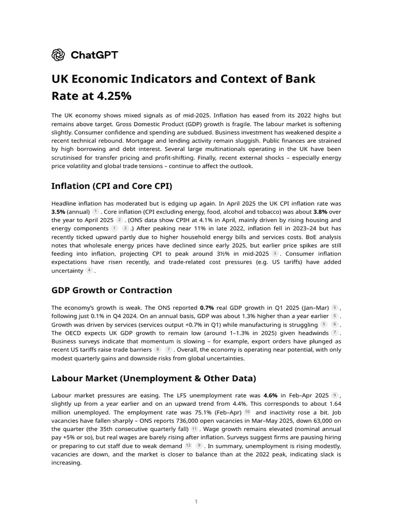 UK Economic Indicators and Context of Bank Rate at 4.25% | PDF ...