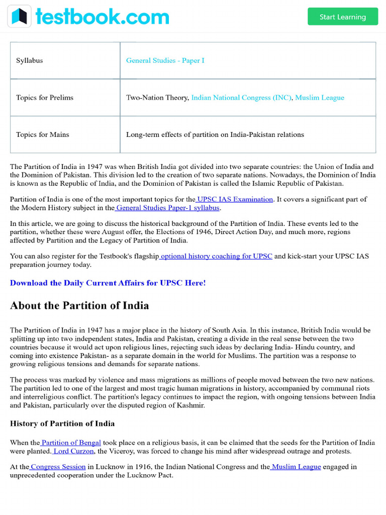 Partition of India Notes for UPSC_ History, Theory, Impact & Legacy | PDF