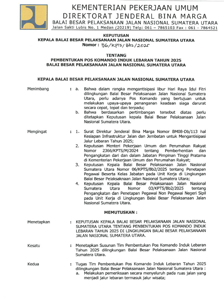 56 SK Pembentukan Pos Komando Induk Lebaran Tahun 2025 BBPJN Sumut | PDF