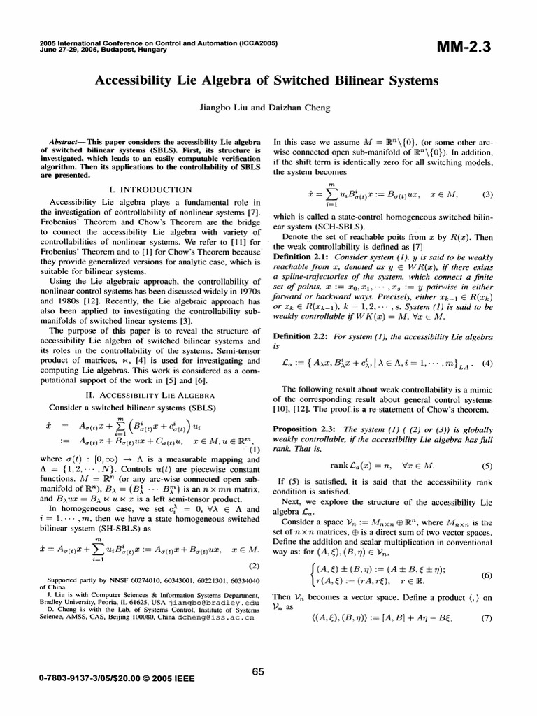 D. Cheng J. Liu 2005 Accessibility Lie Algebra of Switched Bilinear Systems | PDF | Algebraic ...