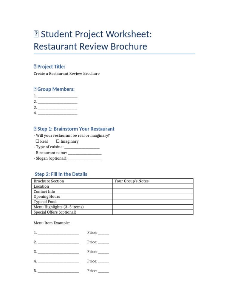 Restaurant Review Brochure Project Worksheet | PDF | Menu | Restaurants
