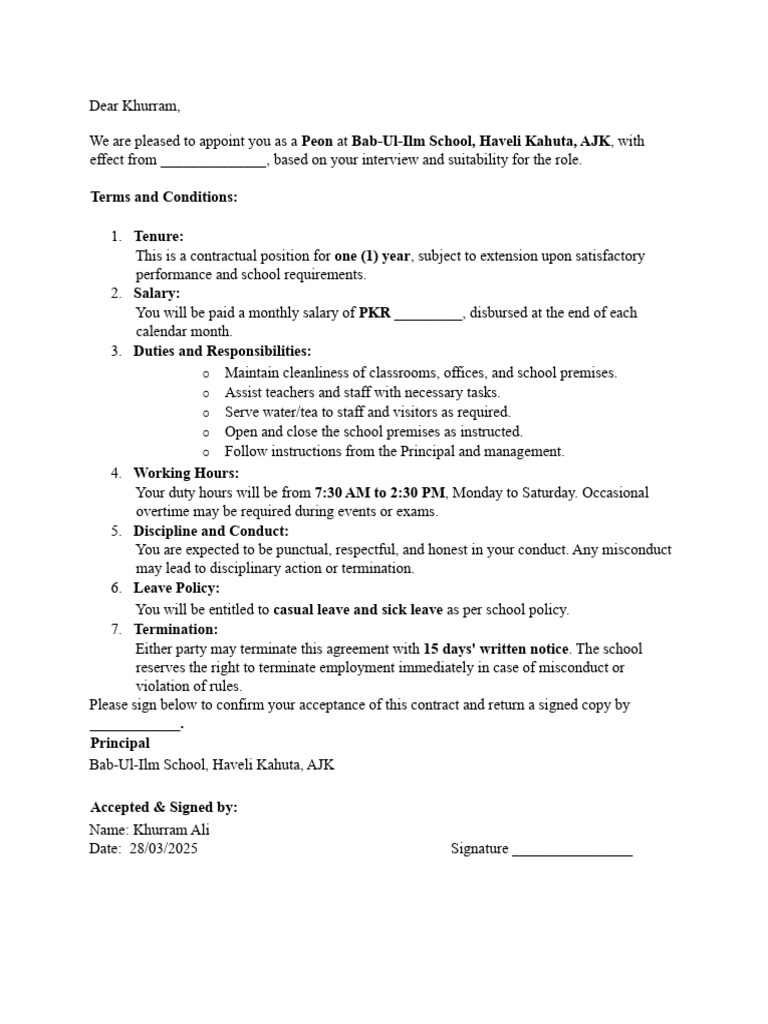 Peon Duties at Bab-Ul-Ilm School | PDF