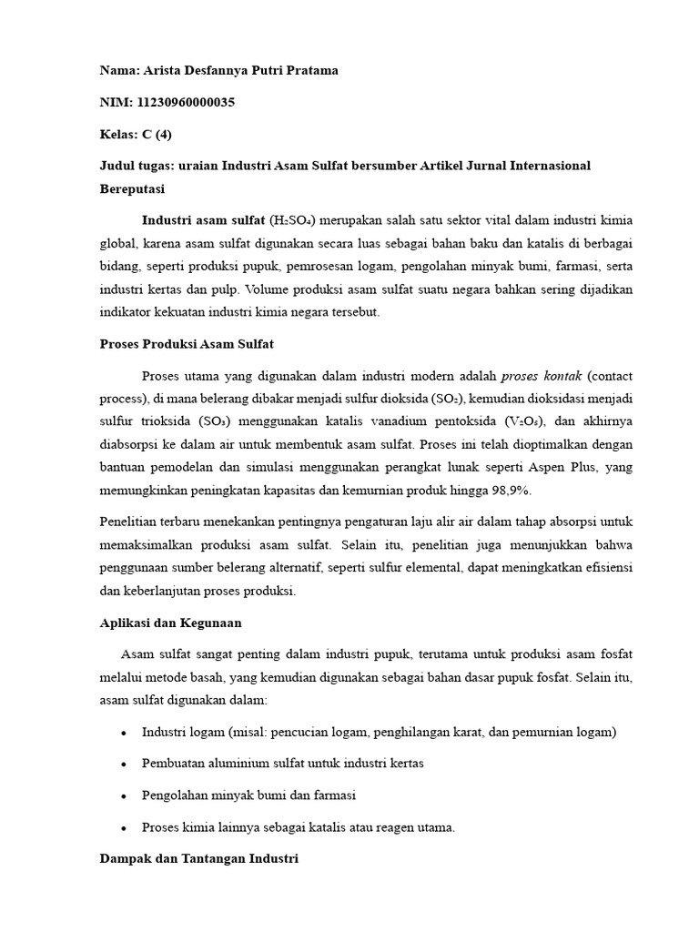 Arista Desfannya Putri Pratama - Uraian Industri Asam Sulfat | PDF