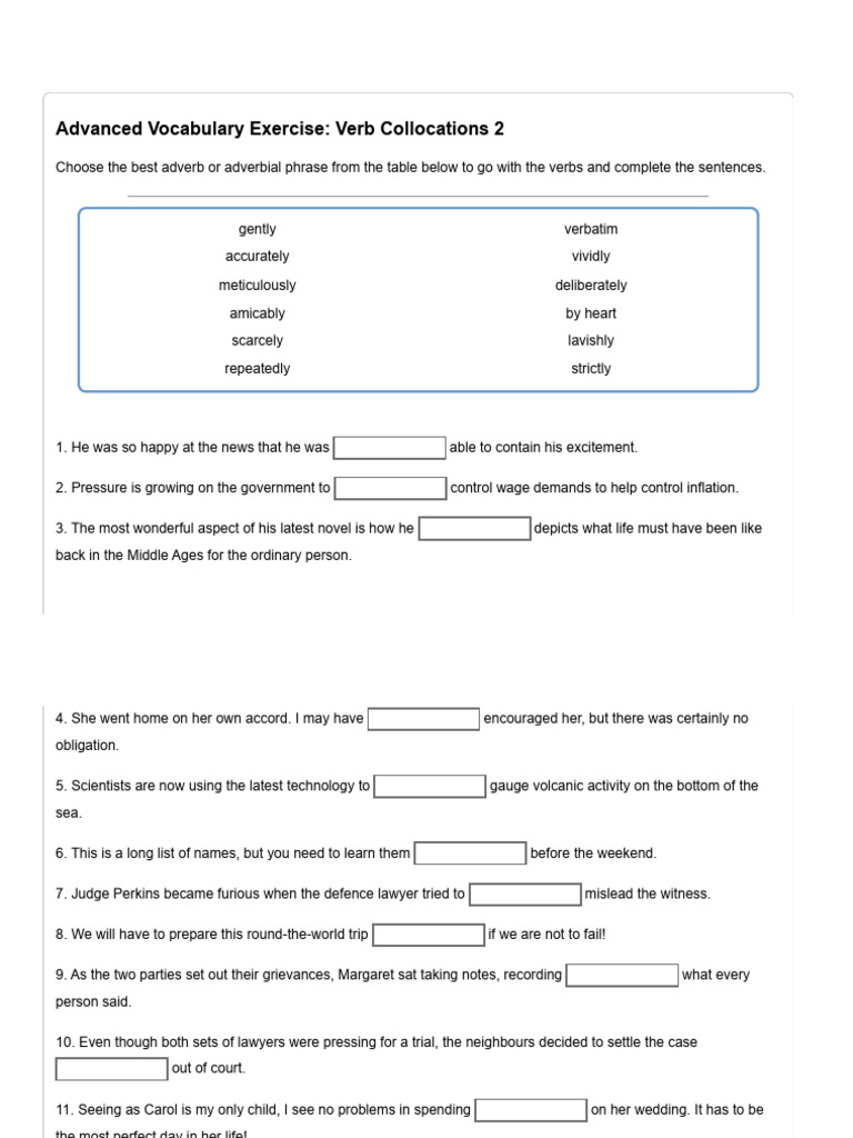 Advanced Vocabulary Exercise - Verb Collocations 2 | PDF