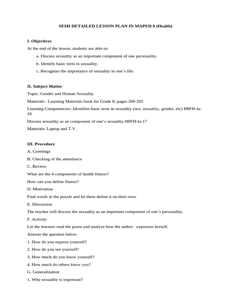 MAPEH 8 Lesson Plan: Gender & Sexuality | PDF
