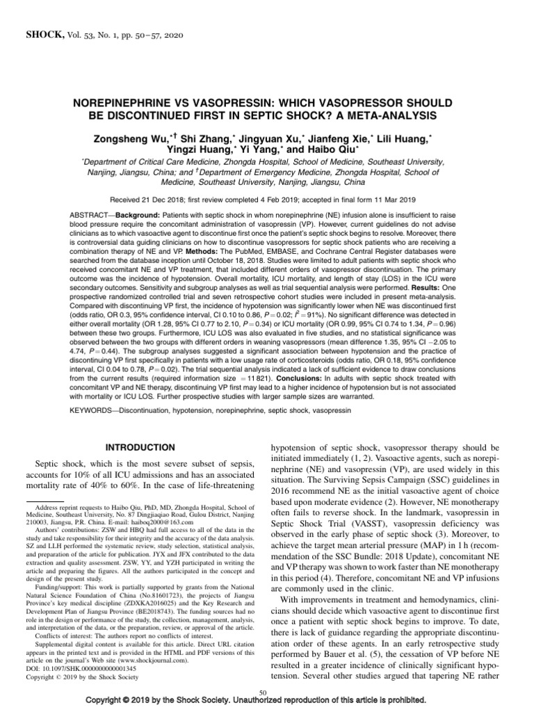 Norepinephrine Vs Vasopressin Which Vasopressor.7 | PDF | Sepsis | Meta Analysis