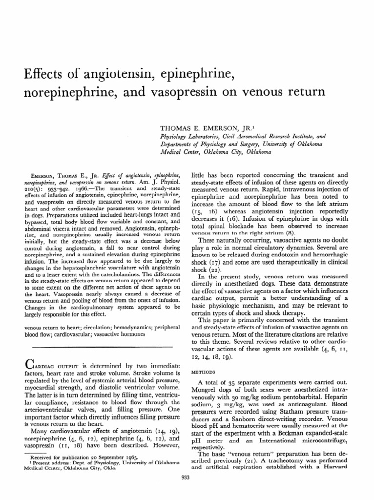 Effects of Angiotensin, Epinephrine, Norepinephrine, and Vasopressin On Venous Return | PDF ...