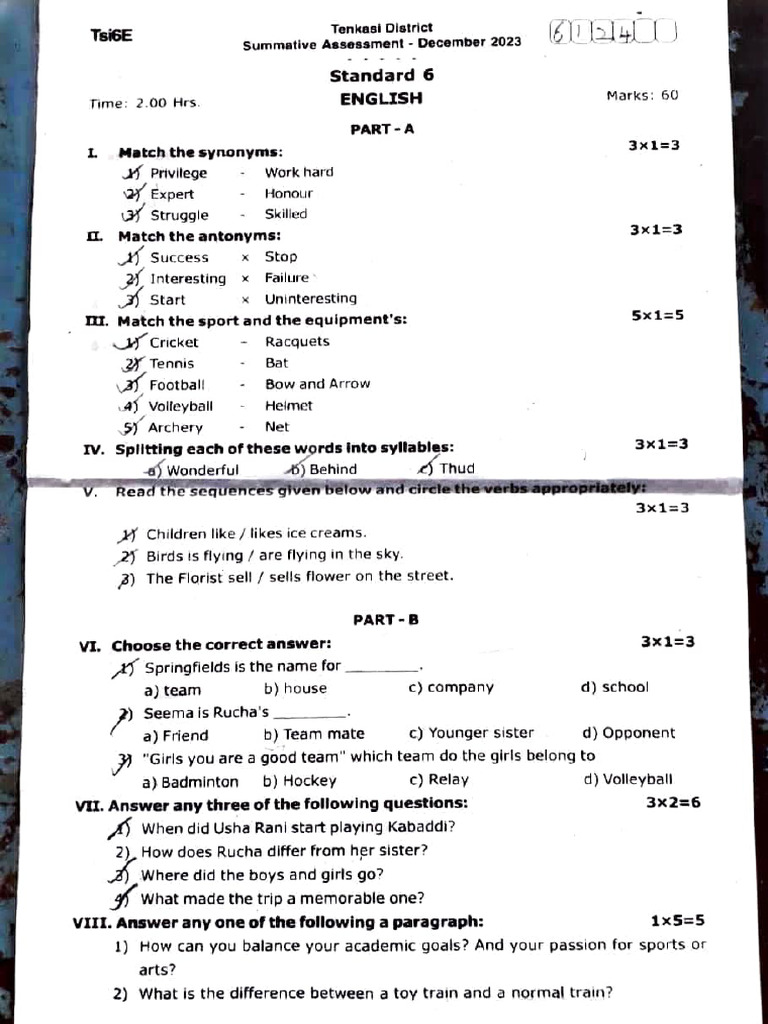 6th English Half Yearly Exam 2023 Question Paper Thenkasi District PDF ...