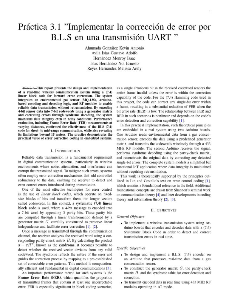 Práctica 3 1 Implementar La Corrección de Error Por B L S en Una Transmisión UART | PDF | Error ...