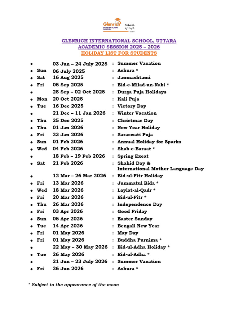 Holiday List For Students 202526 | PDF