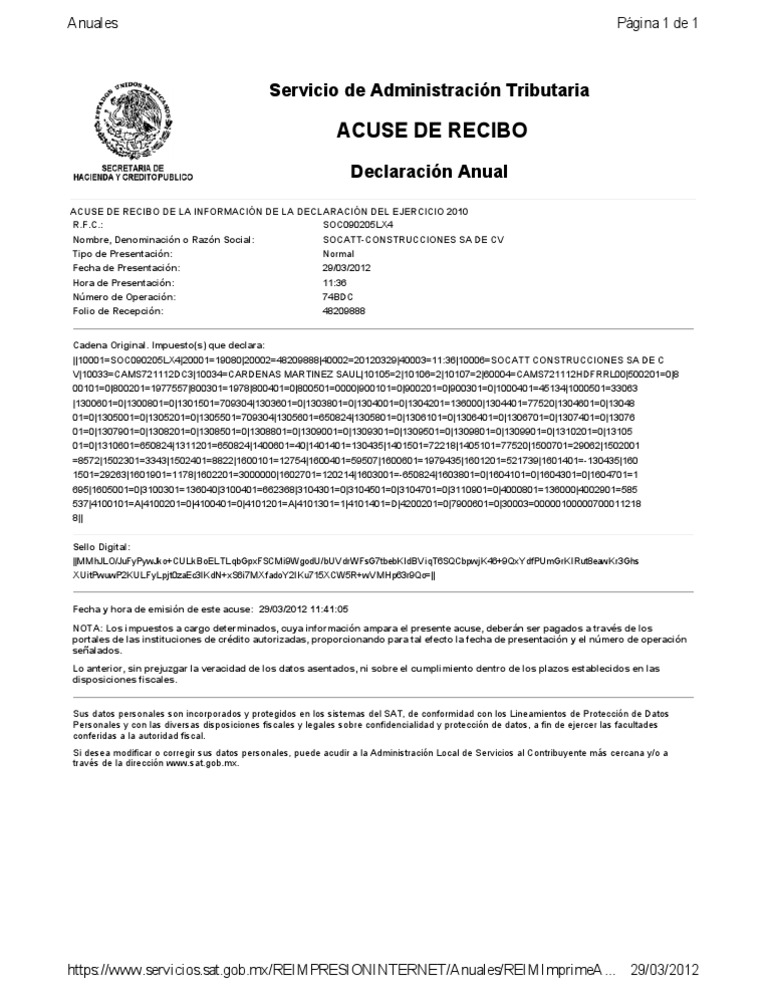 Acuse de Recibo Declaración 2010 | PDF