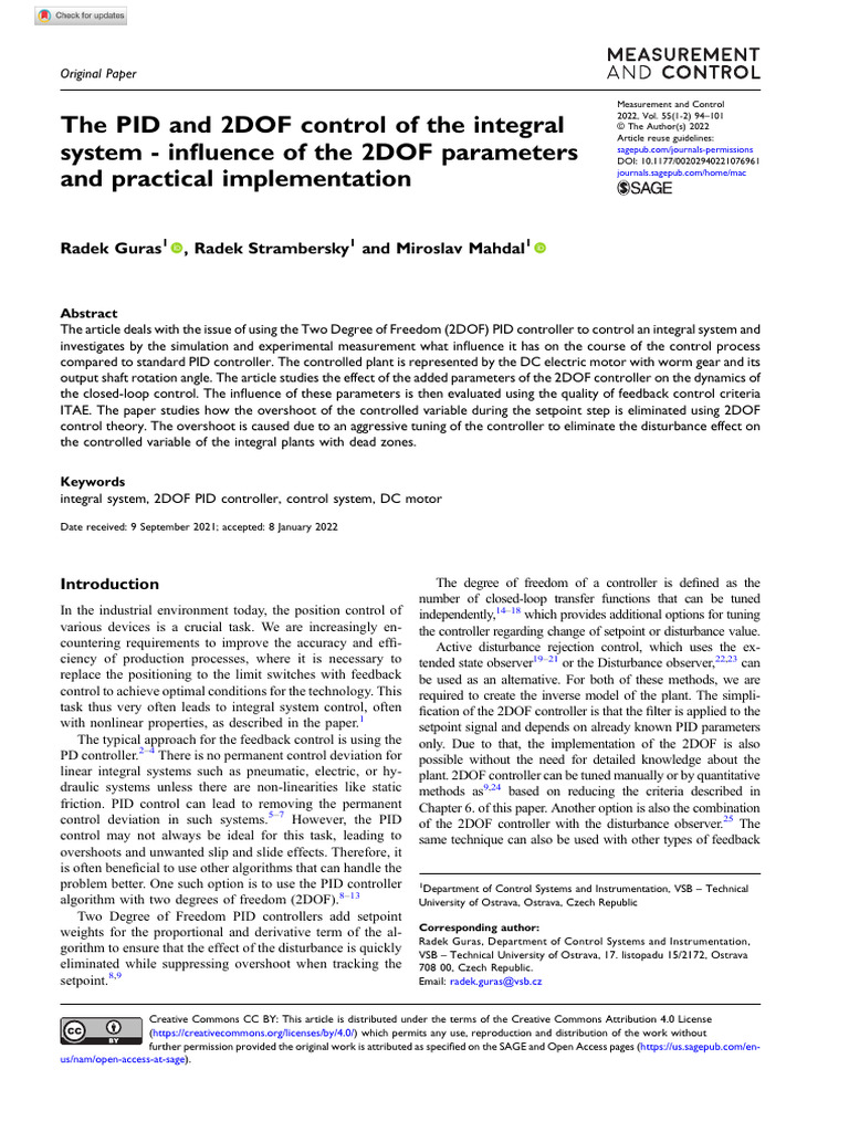 Guras Et Al 2022 The Pid and 2dof Control of The Integral System Influence of The 2dof ...