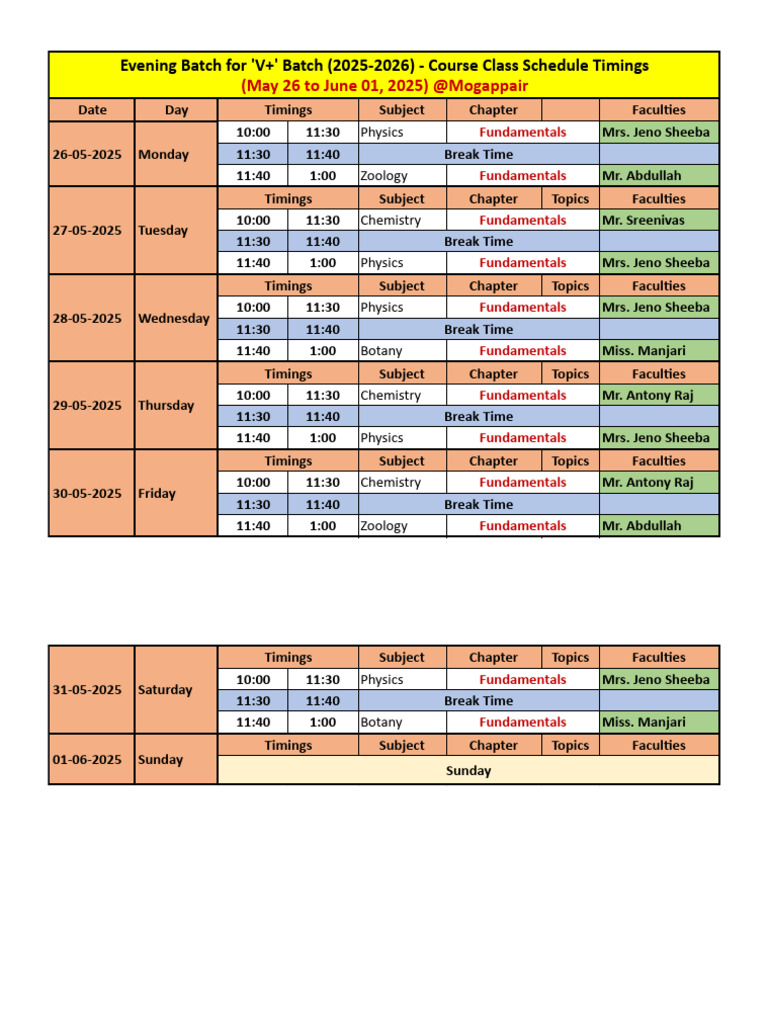 V+ Class Schedule (May 26 To June 01, 2025-2026) | PDF