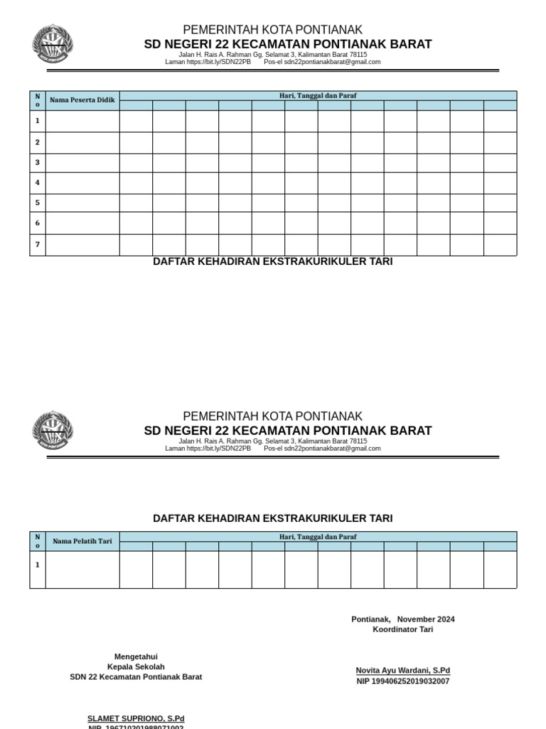 Kehadiran Ekstrakurikuler Tari SDN 22 | PDF