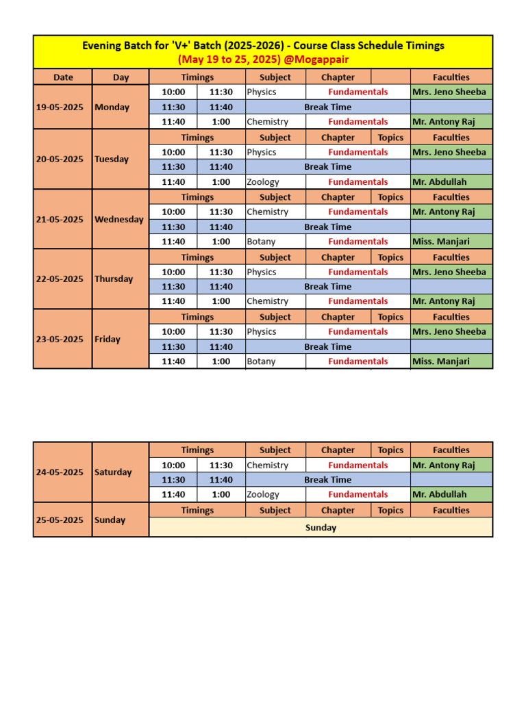 V+ Class Schedule (May 19 To 25, 2025-2026) | PDF