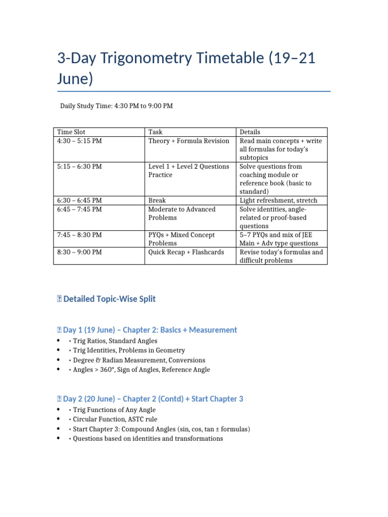 3-Day Trigonometry Study Plan | PDF