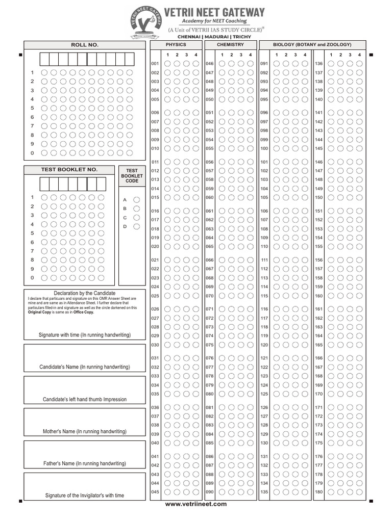 NEET 2025 OMR (180) | PDF