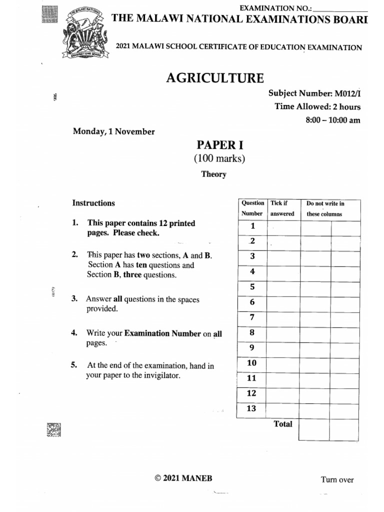 Agriculture 2021 Maneb P1 | PDF
