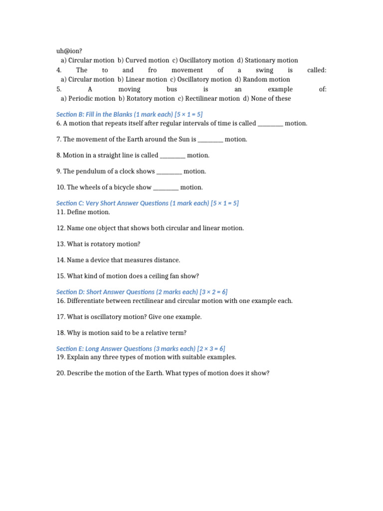 Class 7 Motion and Time Worksheet | PDF | Weight | Mass