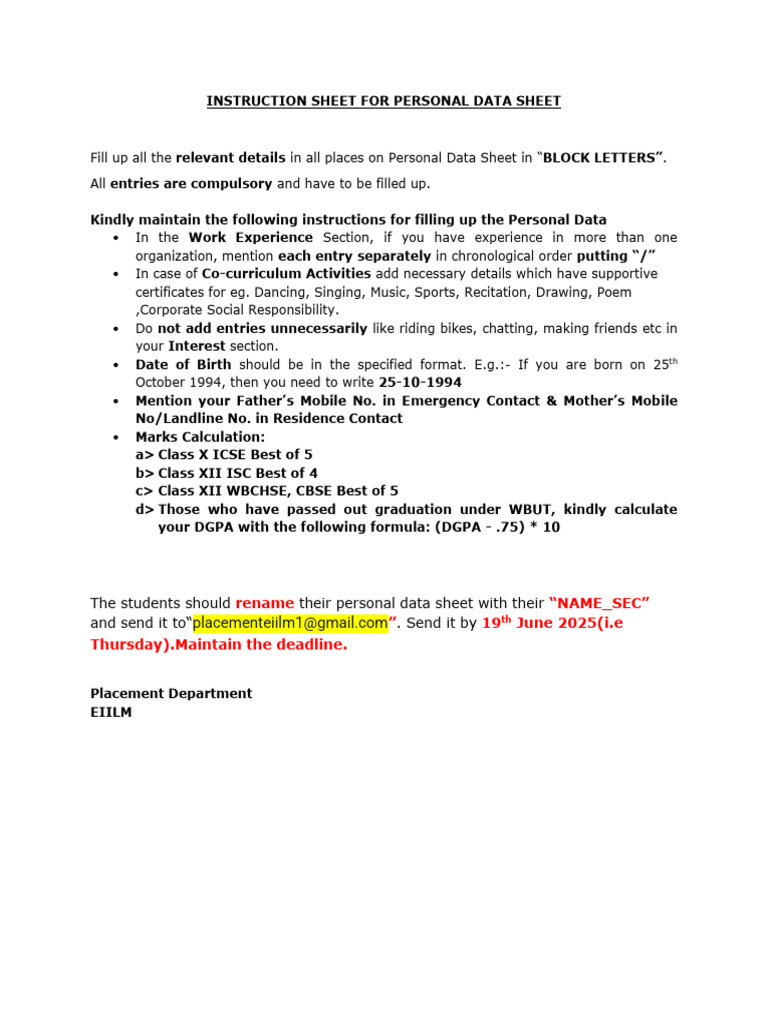 Instruction Sheet For Personal Data Sheet | PDF