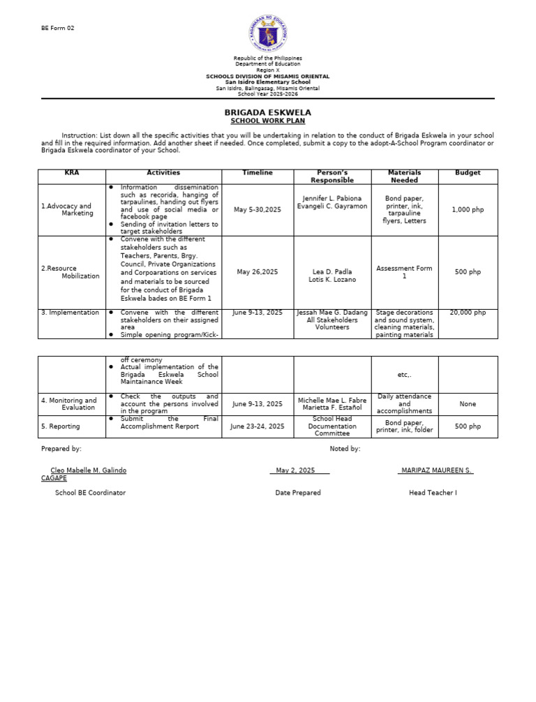 Be Form 2 School Work Plan | PDF