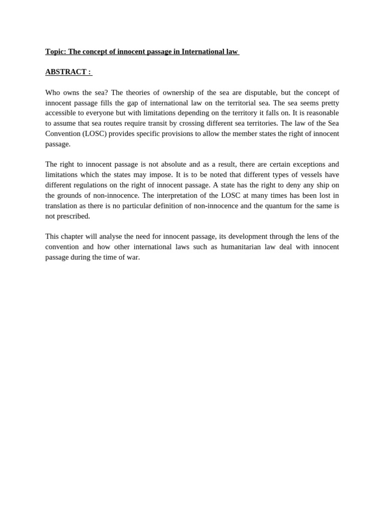Topic - The Concept of Innocent Passage in International Law | PDF