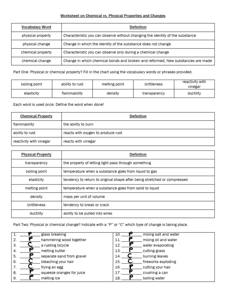 Chemical vs. Physical Properties Worksheet | PDF | Chemical Substances ...