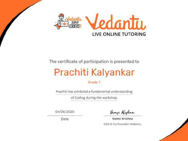 Vedantu Super Coder Certificate | PDF