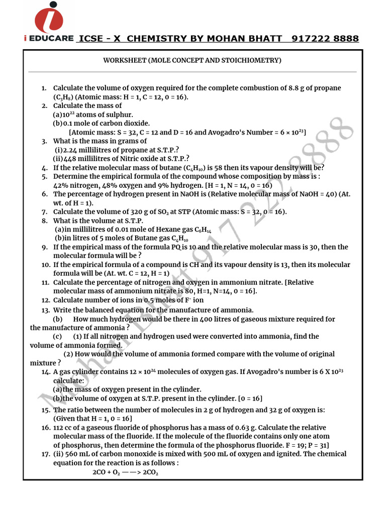 Mole Concept Practice Sheet | PDF | Oxide | Ammonia