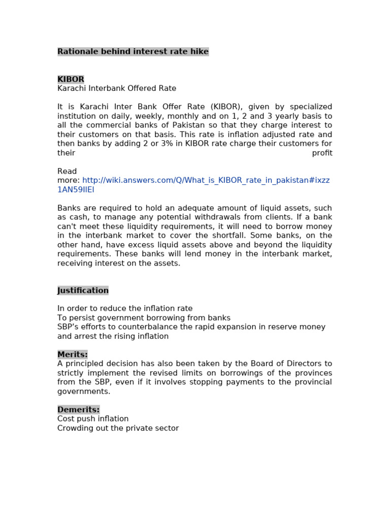 KIBOR Rate and Interest Hike Rationale | PDF