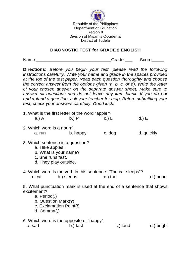 Grade 2 English Diagnostic Test | PDF | Sentence (Linguistics ...