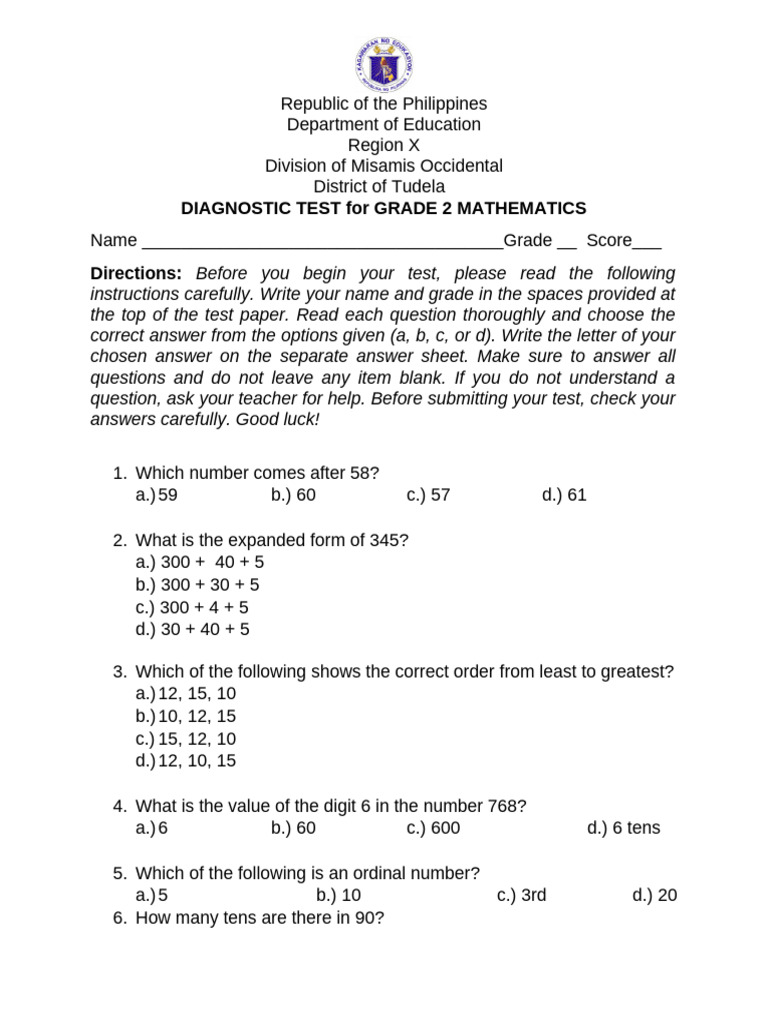 Diagnostic Test For Grade 2 Mathematics Edited | PDF