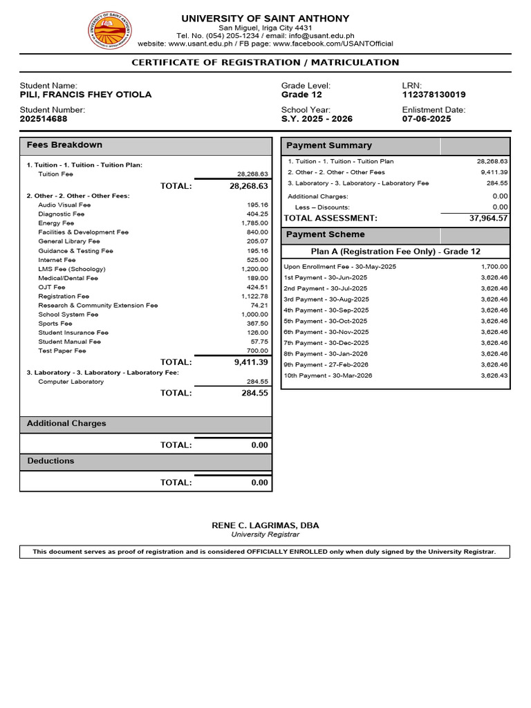 USANT Tuition and Fees Breakdown 2025-2026 | PDF | Fee | Services ...