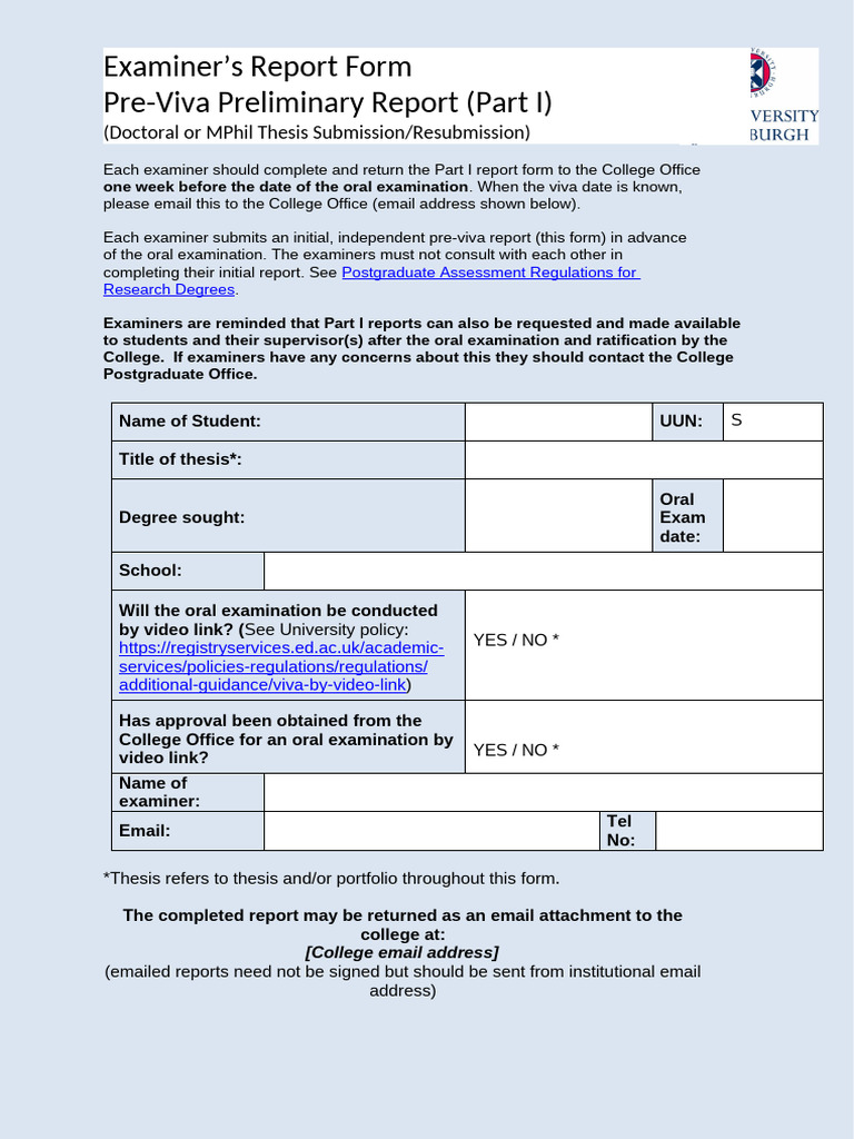 Doctoral Thesis Examiner Report - Pre-Viva (Part I) | PDF | Thesis