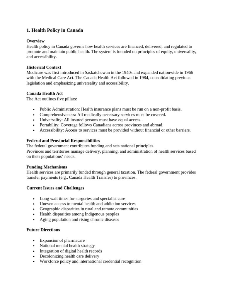 Canada Health Policy Overview and Challenges | PDF