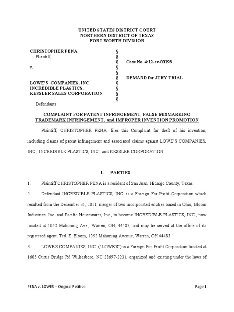 V. Incredible Plastics Et. Al. | PDF | Patent Infringement | Title 35 ...