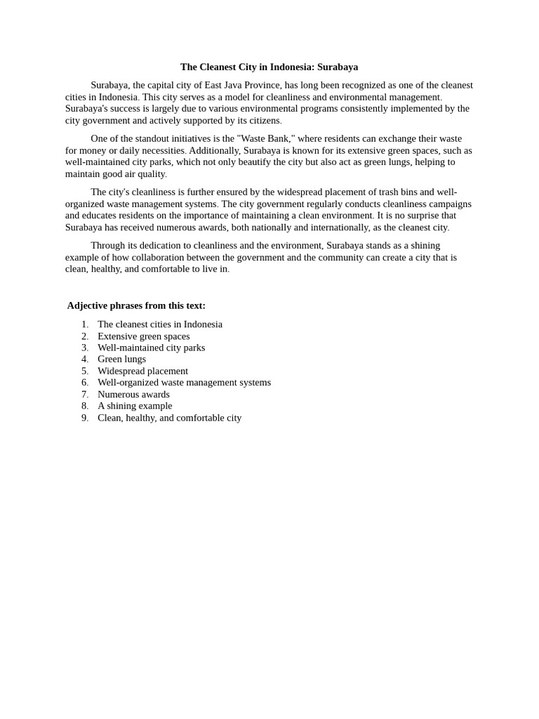 Descriptive Text - The Cleanest City in Indonesia | PDF