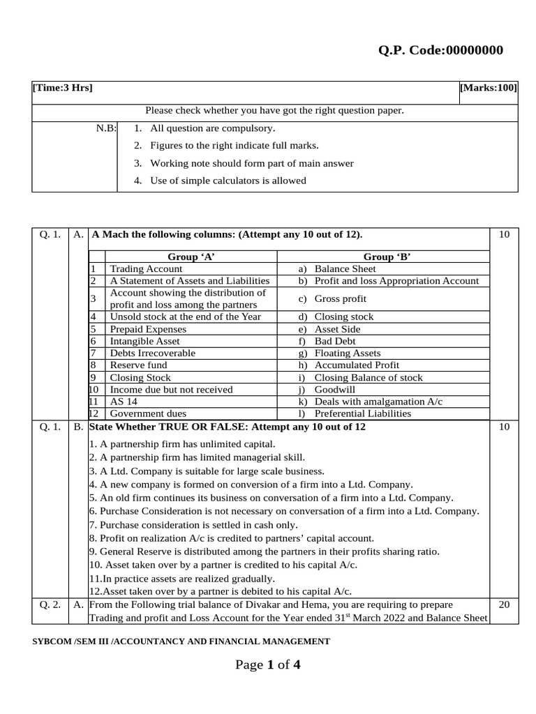 Sybcom Sem Iii Paper Afm | PDF | Balance Sheet | Goodwill (Accounting)