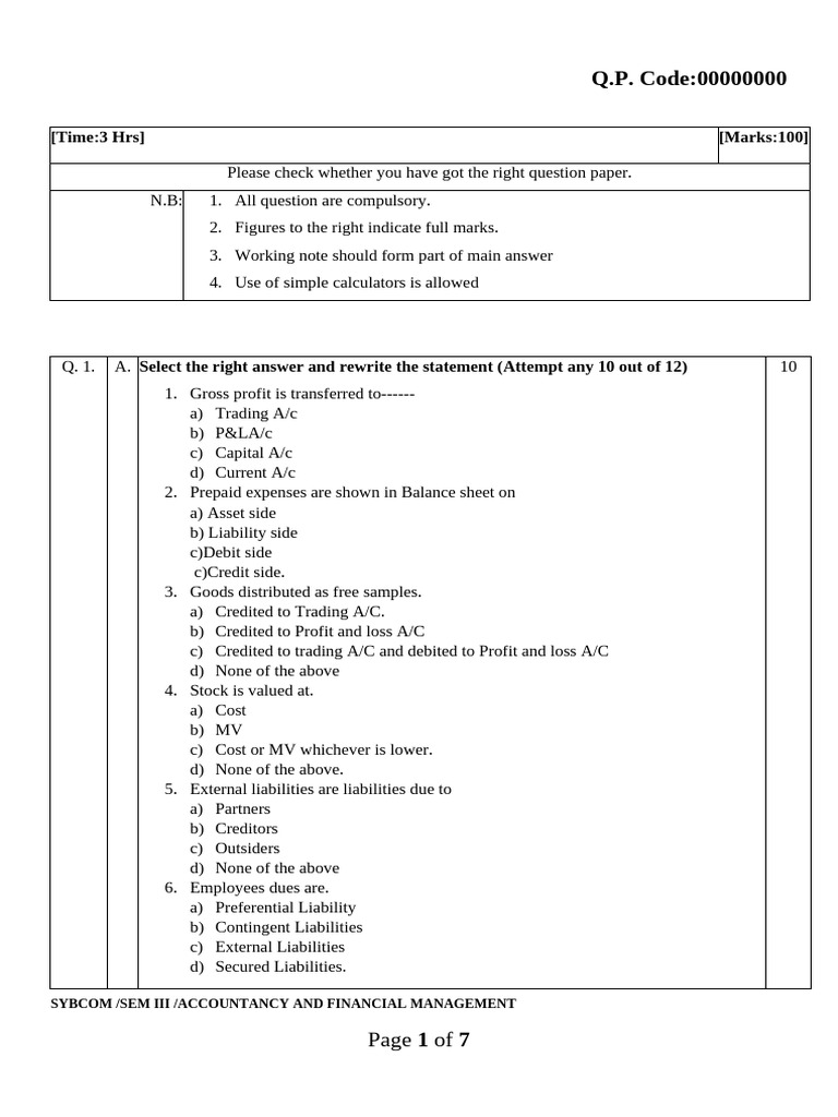 Set 1 Sybcom Sem III Paper AFM | PDF | Expense | Debits And Credits
