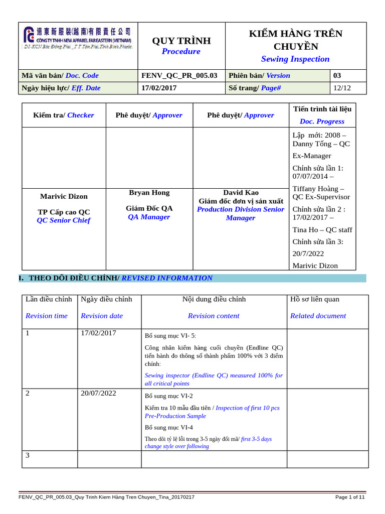 5.FVN - QC - PR - 005.03 - Quy Trinh Kiem Hang Tren Chuyen Sewing Inspection 22.07.2022 | PDF