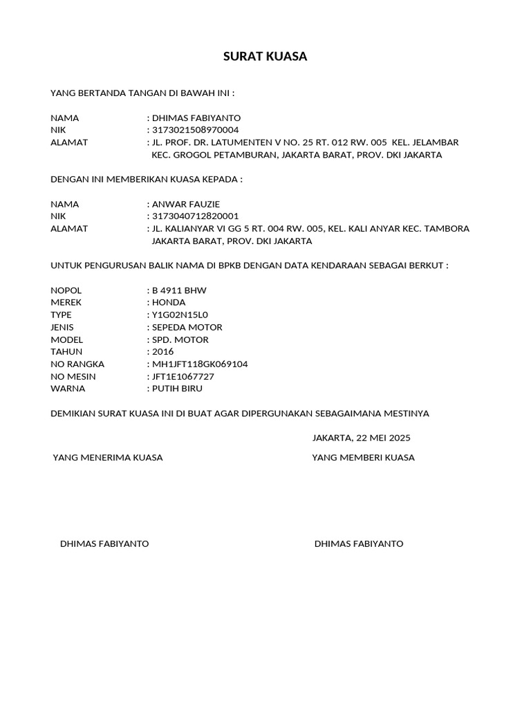 Surat Kuasa Motor | PDF