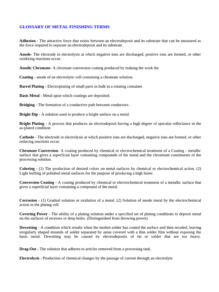 Glossary of Metal Finishing Terms | PDF | Electrochemistry | Anode