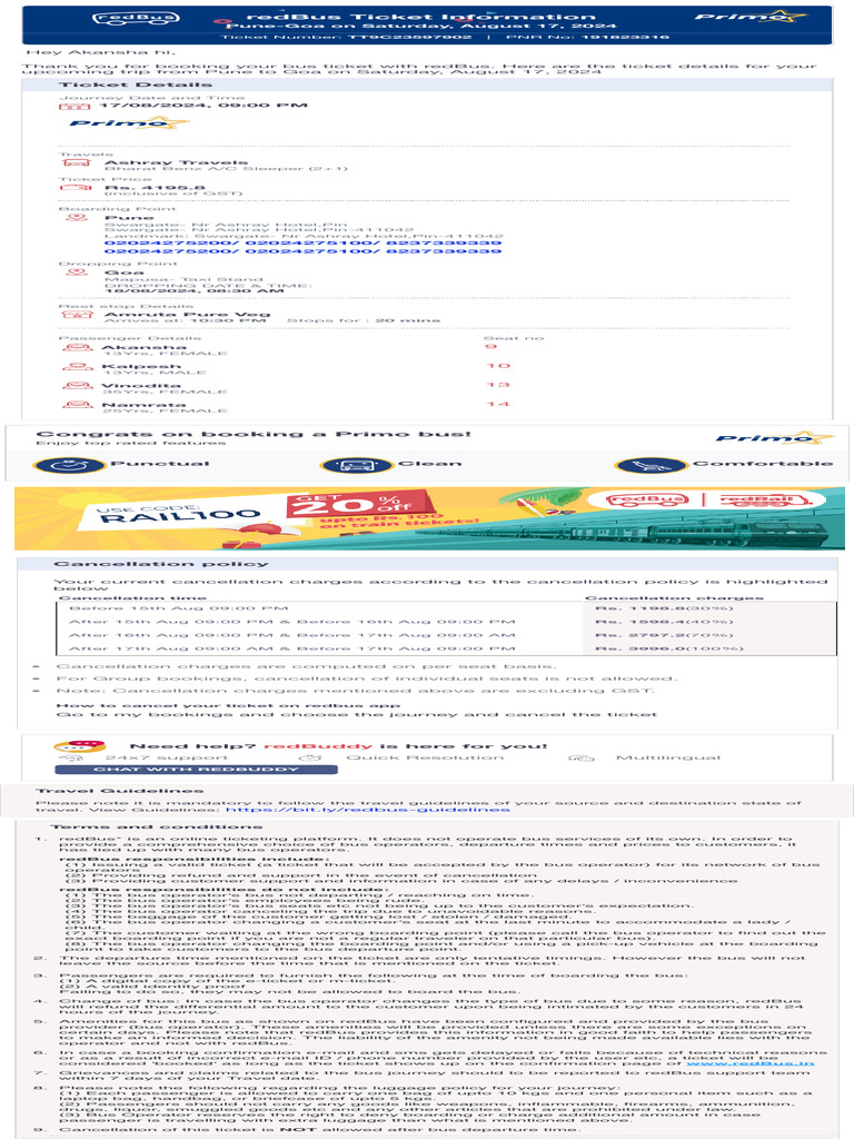 Redbus Ticket Information: Congrats On Booking A Primo Bus! | PDF | Bus