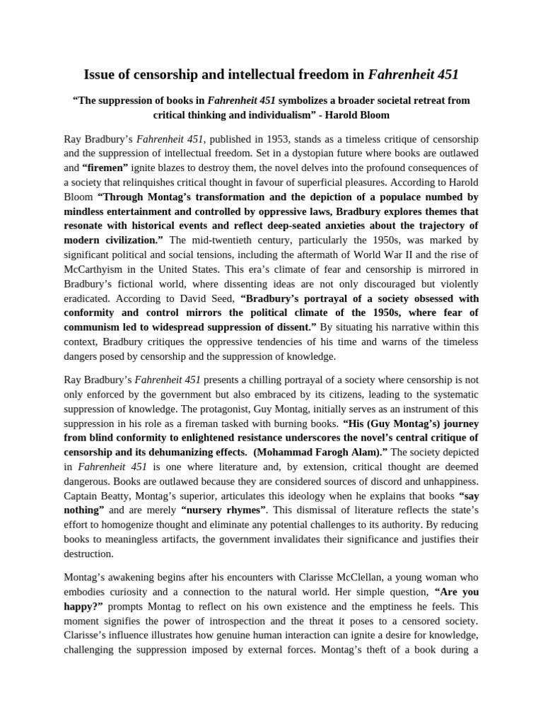 Issue of Censorship and Intellectual Freedom in Fahrenheit 451 | PDF