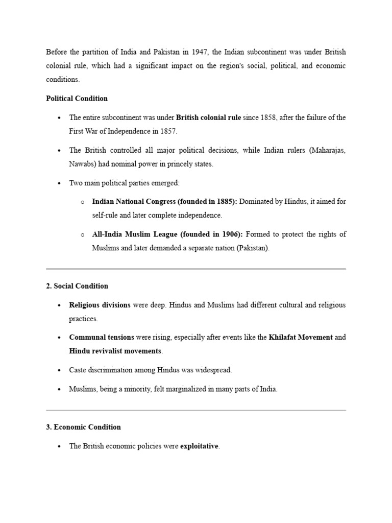 Condition of Indo - Pak Subcontinent Before Partition | PDF | British ...