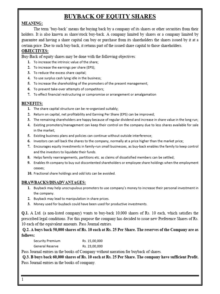 Objectives of Share Buyback Explained | PDF | Equity (Finance ...